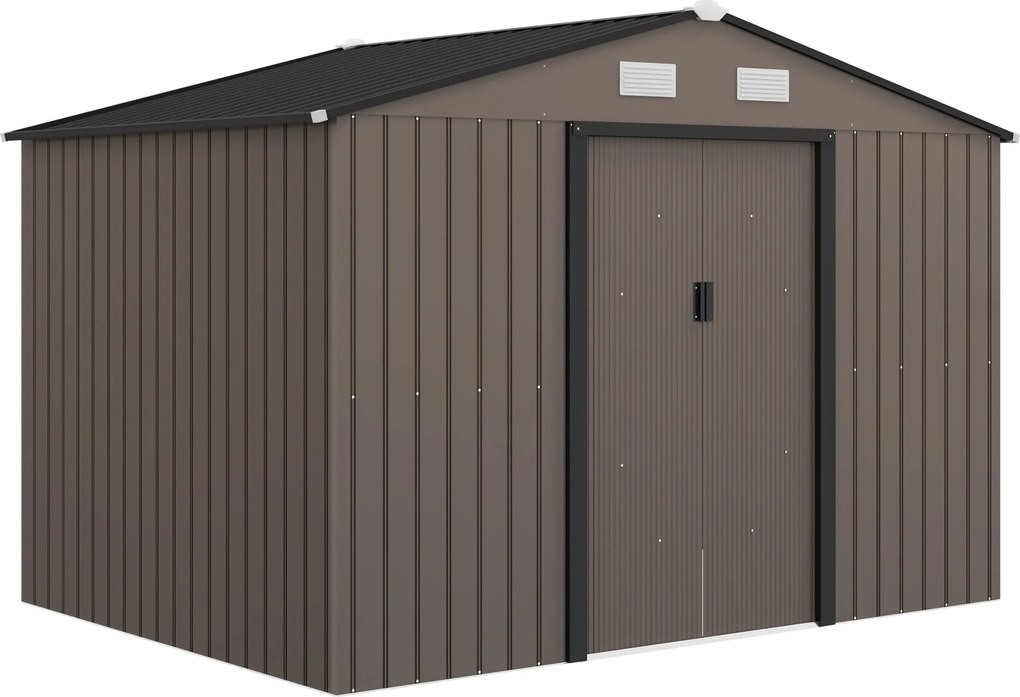 Outsunny XXL pozinkovaný ocelový zahradní domek 5,4 m² s montážní sadou, 277 × 195 × 192 cm, uzamykatelné posuvné dveře, 4 větrací otvory, hnědý | Aos
