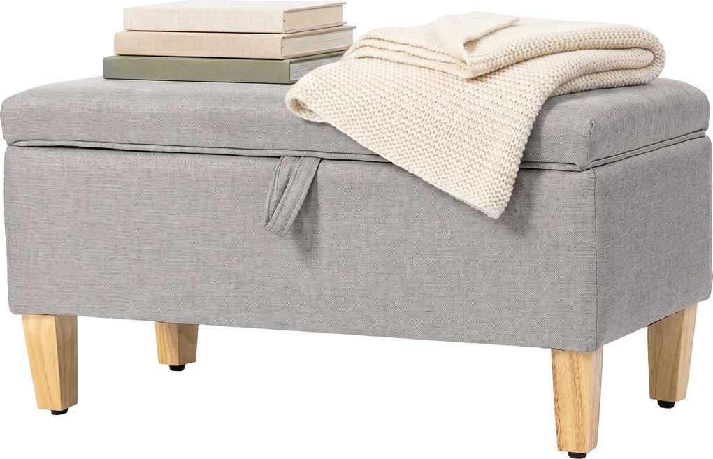 HOMCOM Storage Bench — Linen-Upholstered End-of-Bed Ottoman with Rubberwood Legs, Light Gray, 71 x 37 x 36 cm (28.0 x 14.6 x 14.2 in) | Aosom
