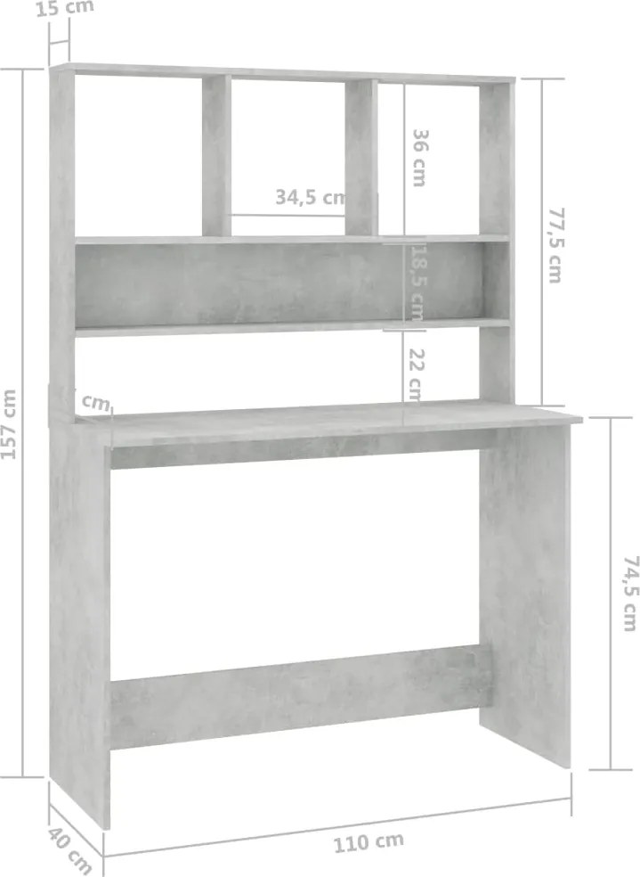 vidaXL Marketos Psací stůl s policemi betonově šedý 110x45x157 cm dřevotříska