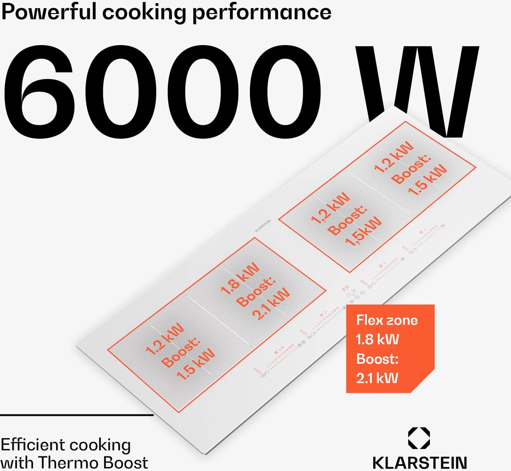 Klarstein Masterzone 90 Slim Flex, indukční varná deska, max. 7200 W, vestavná, 4 zóny Flex, technologie ThermoBoost, Smart Flex