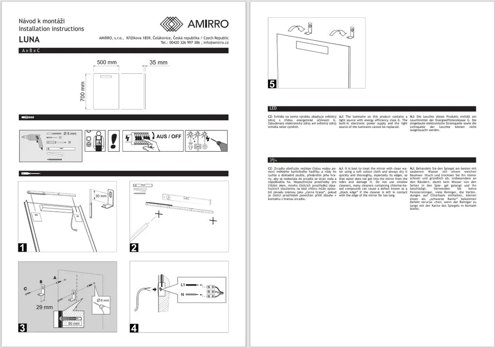 Zrcadlo do koupelny na zeď chodbu do pokoje ložnice předsíně s LED podsvícením LUNA - 50 x 70 cm s podsvíceným pruhem 900-919