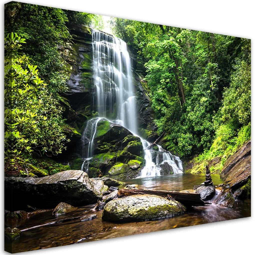 Obraz na plátně, Vodopád v zeleném lese - 120x80 cm