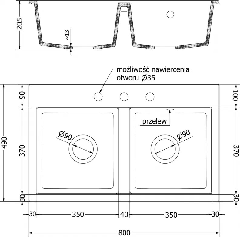 Mexen Hektor, 2-komorový granitový dřez 800x480x205 mm, béžová, grafitový sifon, 6521802000-69-B
