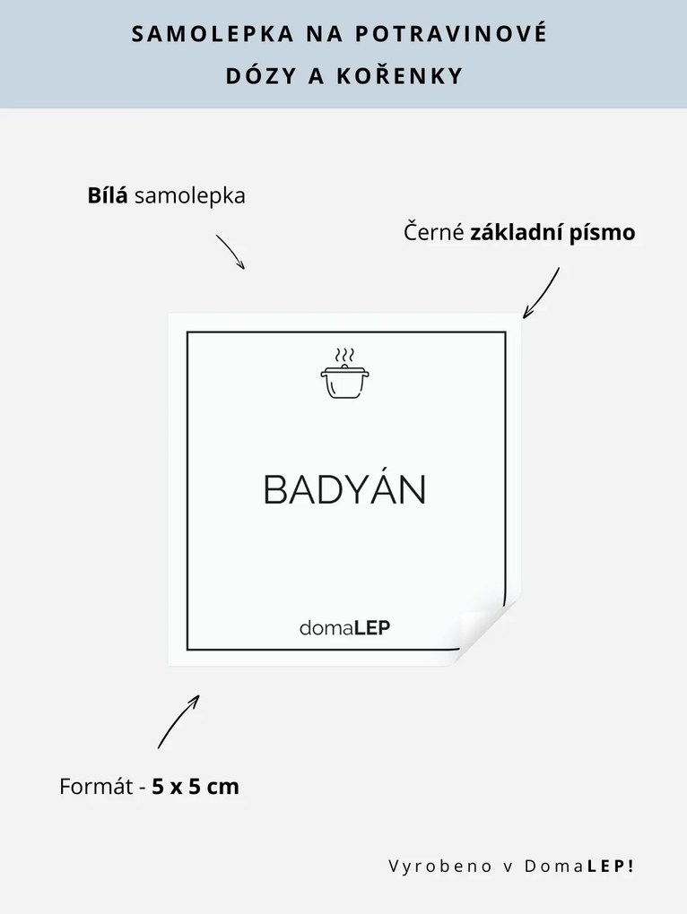 Samolepka na kořenky BADYÁN bílá 5 × 5 cm základní písmo