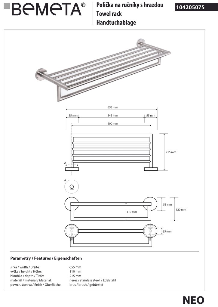 Bemeta Design NEO: Držák ručníků, 600 mm, s hrazdou - 104205075