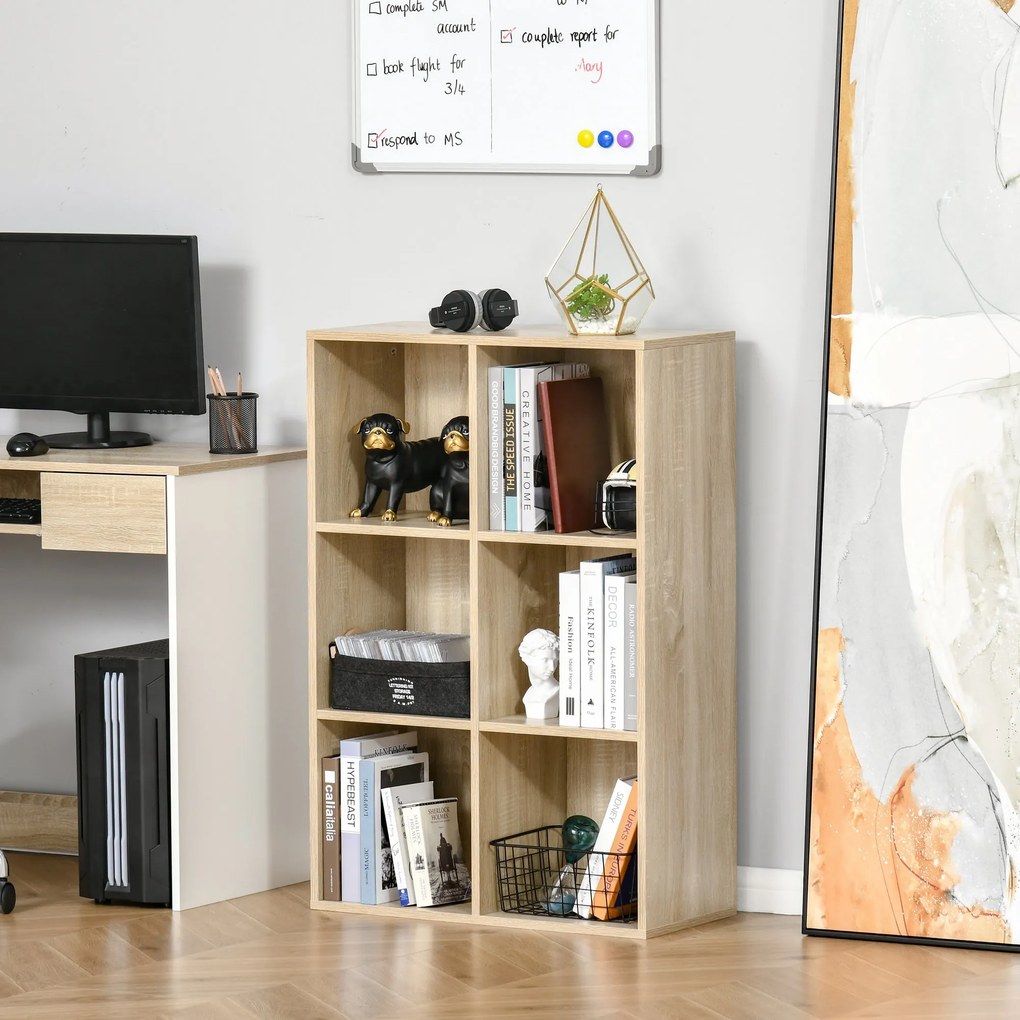 HOMCOM Knihařský regál se 3 policemi a 6 úložnými boxy do obývacího pokoje, ložnice, kanceláře 65,5x30x97,5 cm Dub