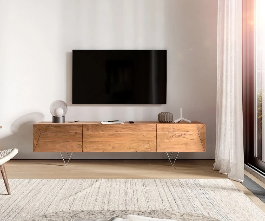 DELIFE Designový TV stolek Wyatt 175 cm akácie přírodní 2 dvířka 1 výklopná dvířka