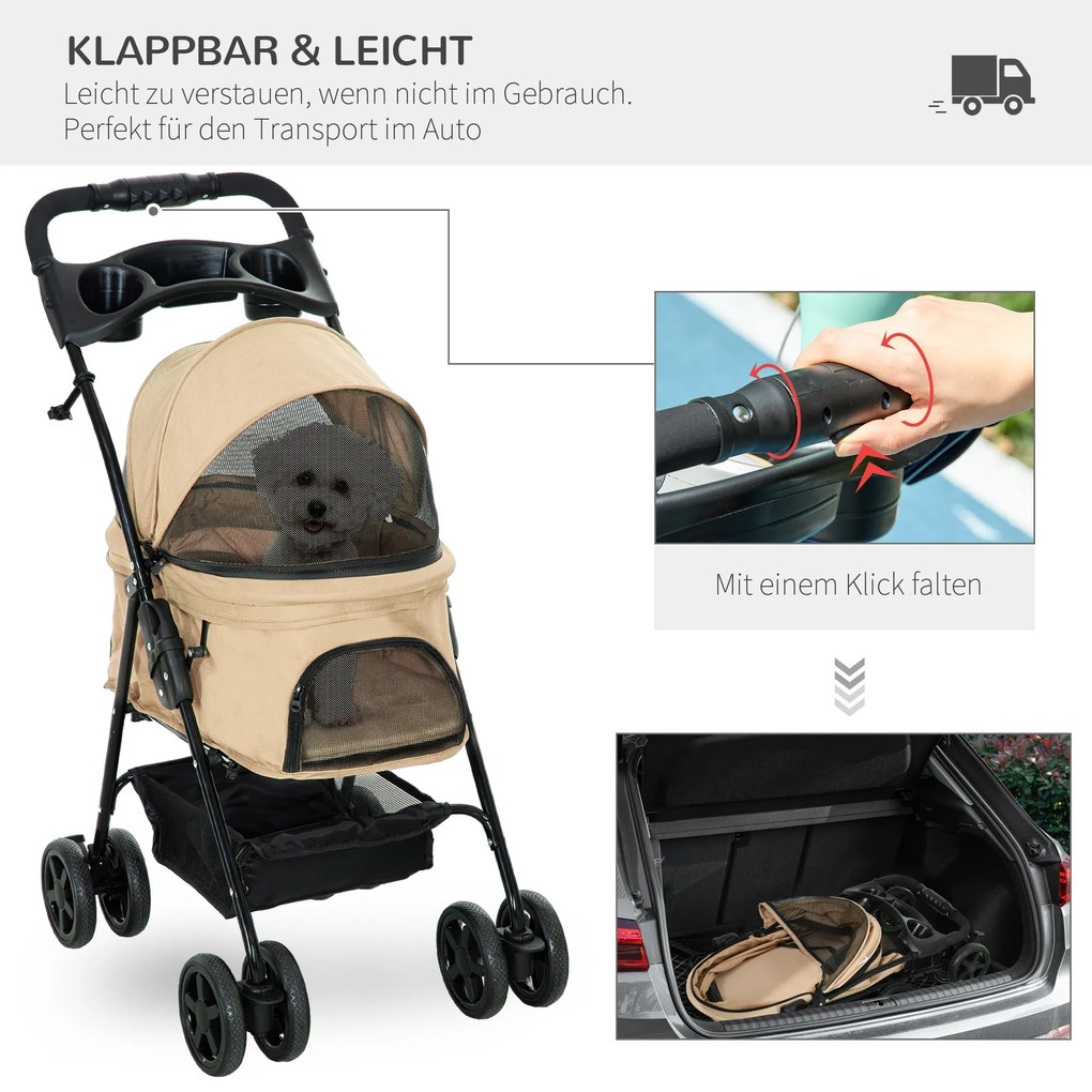 PawHut kočárek pro psy skládací funkční kočárek pro malé psy kočky kočárek pro domácí mazlíčky Oxford Khaki 67x45x96cm |