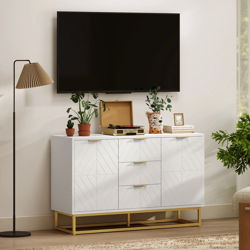 HOMCOM Moderní Komoda se 3 Zásuvkami, 2 Dveřmi a Regulovatelnou Policí pro Obývací Pokoj a Kuchyň, 120x40x76 cm, Bílá