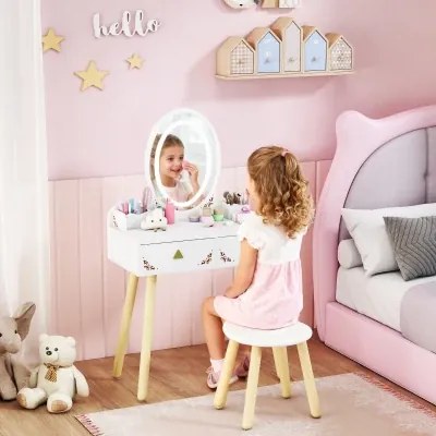AIYAPLAY Toaletní stolek pro dívky se 3-barevným LED světlem, taburet, zrcadlo, 2 zásuvky, 2 úložné boxy, bílá