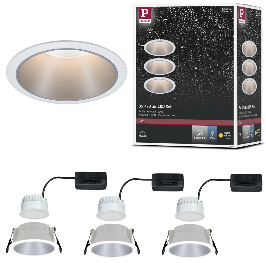 Paulmann 93410 LED Cole, set bodovek v bílo-stříbrné úpravě, 3x6,5W LED 2700K tříkrokové stmívání, prům. 8,8cm, IP44