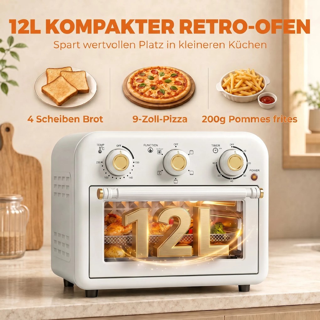 HOMCOM Horkovzdušná fritéza 12 litrů mini trouba s ventilátorem, 5 programů, plech a koš na smažení, 1200 W, vhodná do myčky
