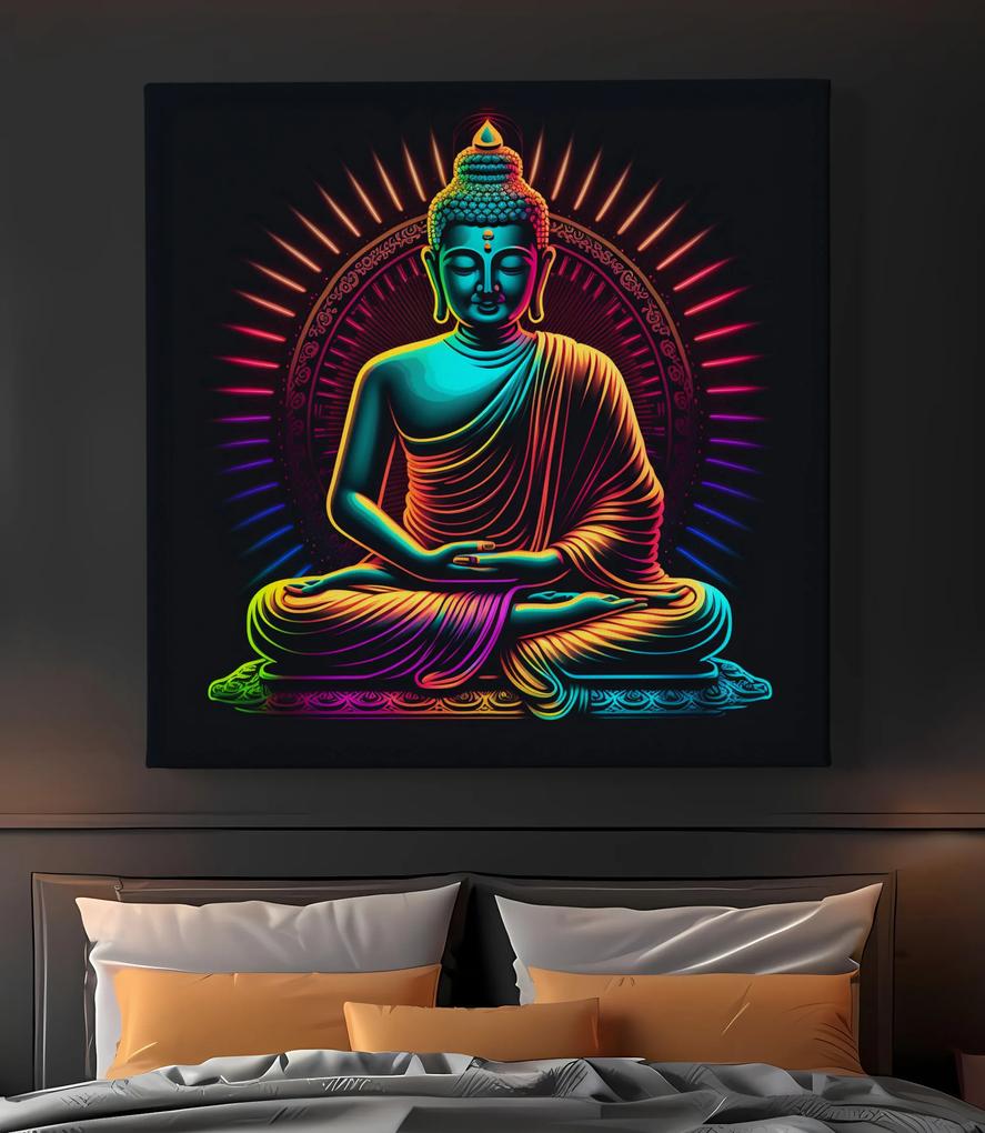 Obraz na plátně - Barevný neonový Buddha FeelHappy.cz Velikost obrazu: 120 x 120 cm