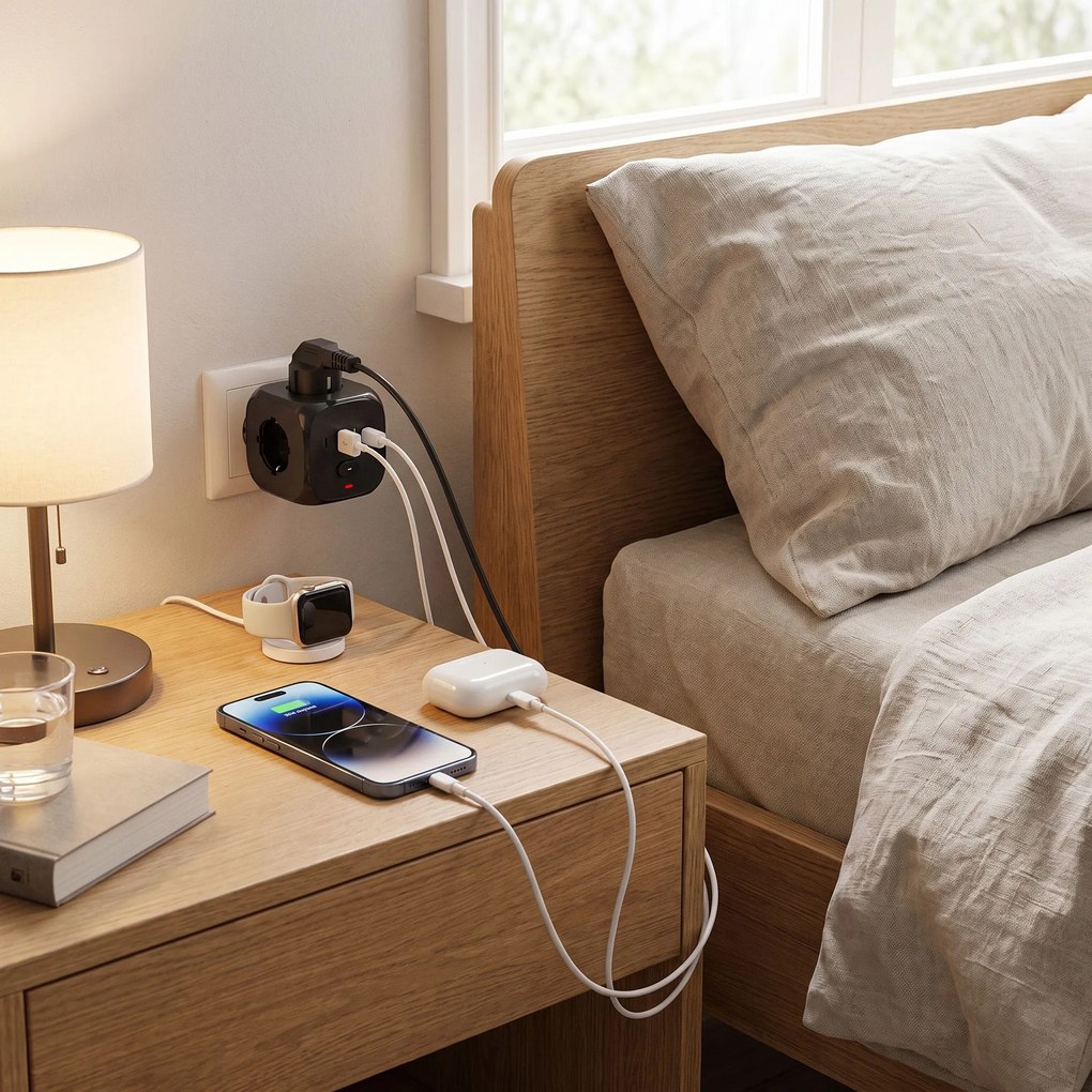 Toolight Toolight, JNH019, zásuvková kostka 7v1, 3 zásuvky + 2× USB-A + 2× USB-C, černá, OSW-56304