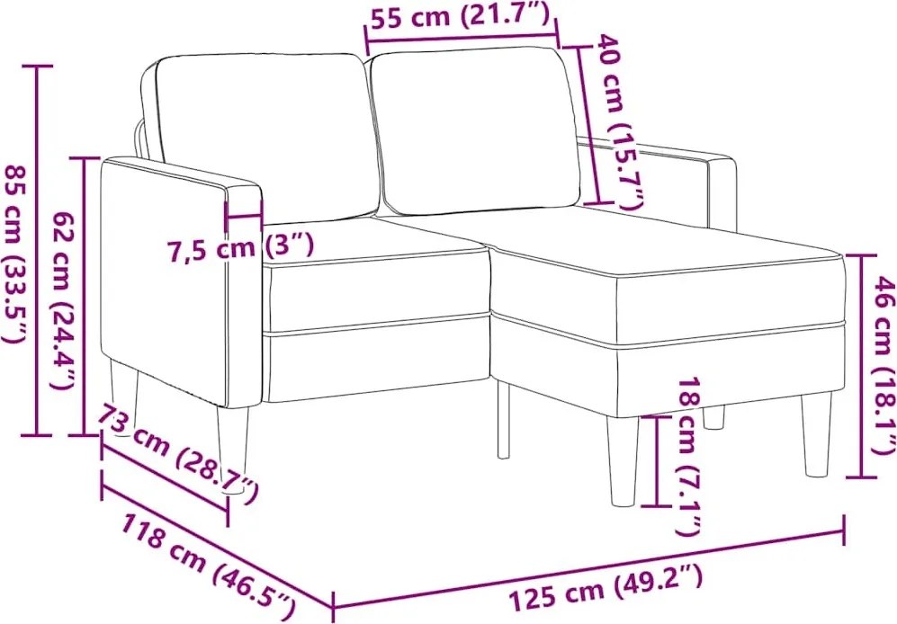 vidaXL Dvoumístná pohovka s lehátkem ve tvaru L 125 cm samet [4107072] Barva: Tmavě šedá