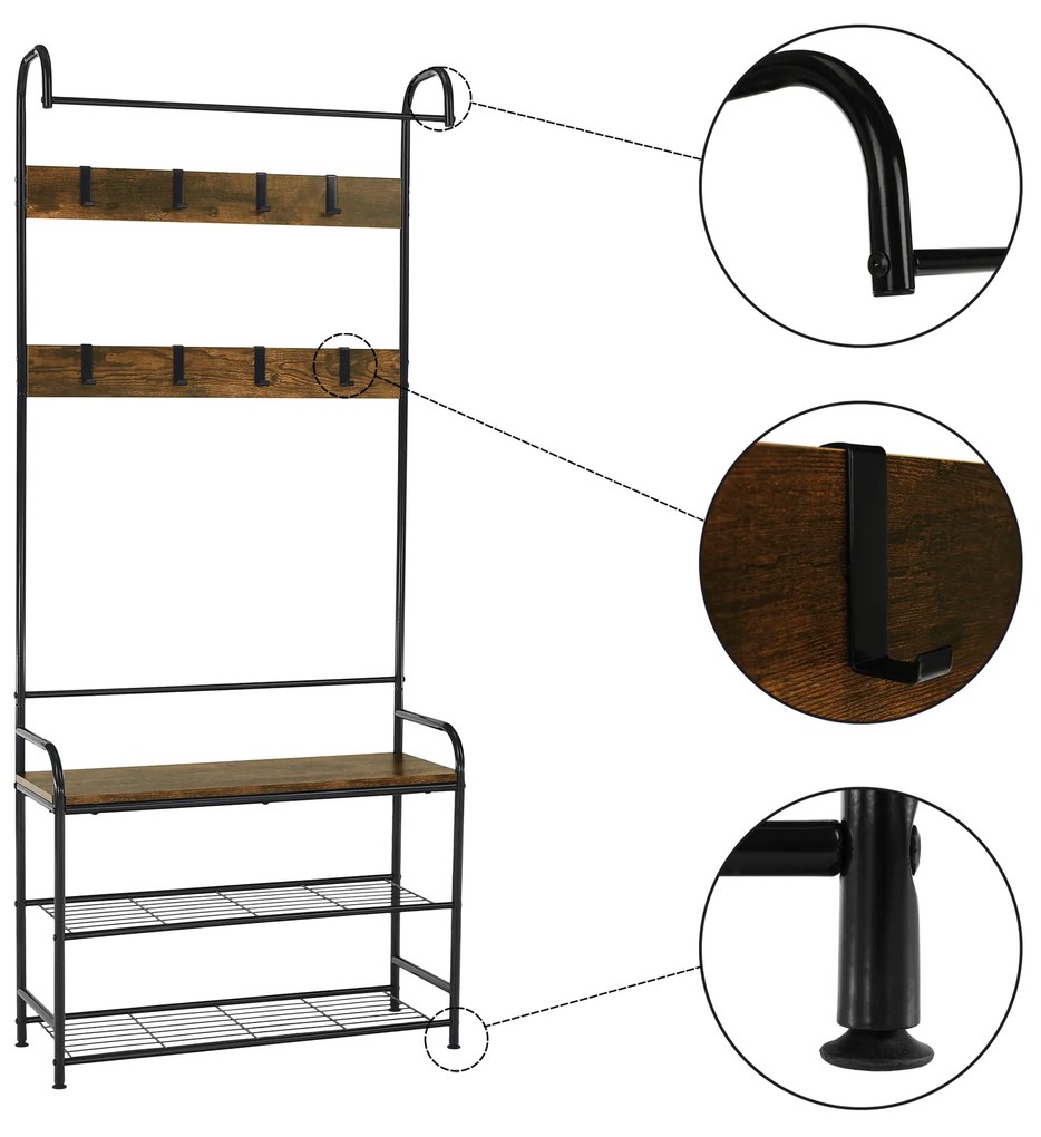 Kondela Věšák s botníkem, černý kov/MDFrustikální dřevo, KELAM