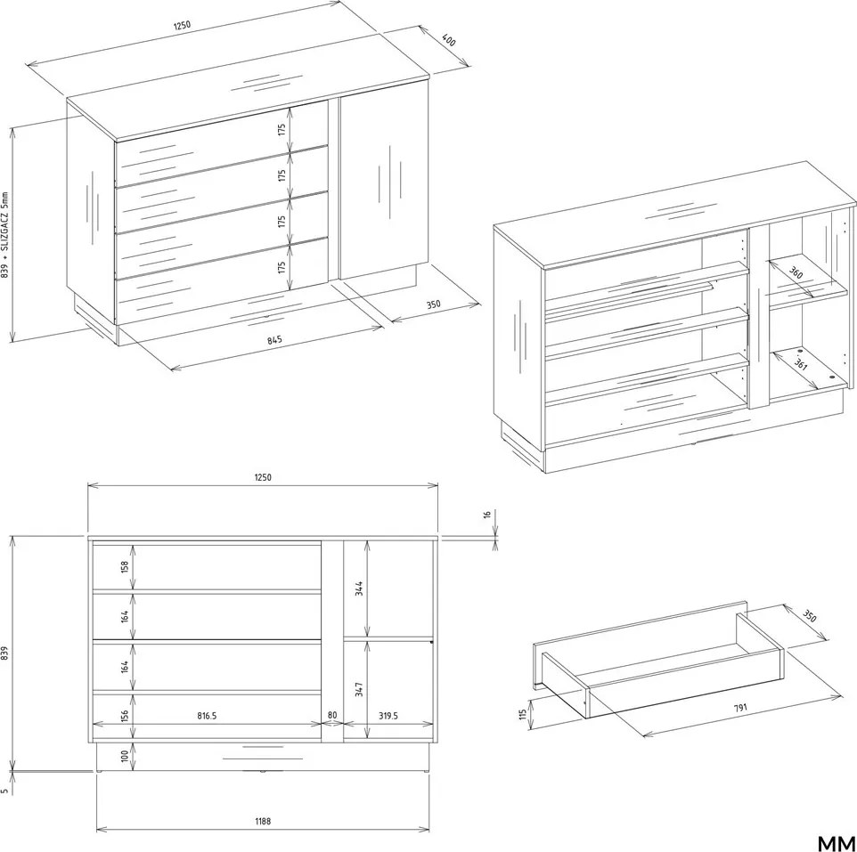 Komoda Amber 125 cm kašmírová