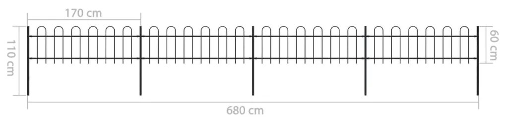 vidaXL Marketos Zahradní plot s obloukem nahoře ocelový 714,5 x 60 cm černý