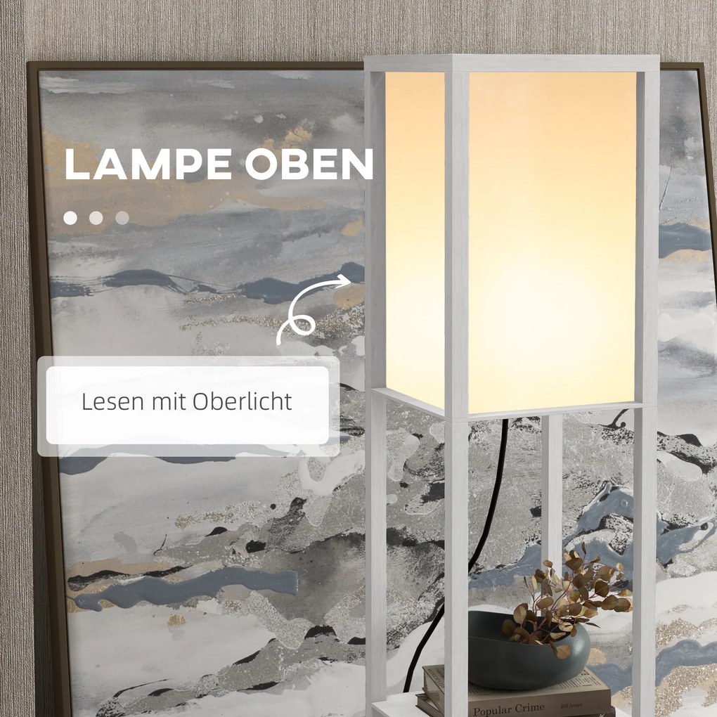 HOMCOM Stojací lampa elegantní stojací lampa se 3 policemi E27 do 40W pro obývací pokoj a ložnici E1 MDF akryl bílá 26x26x160cm | Aosom.de