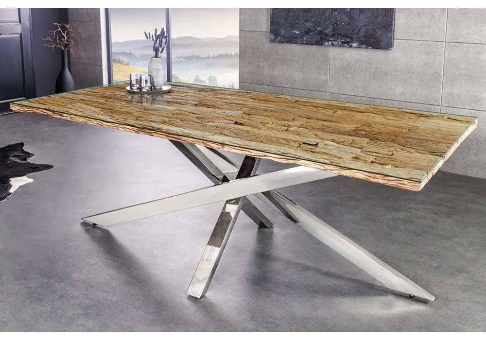 Massive home | Jídelní stůl BARRACUDA 220 CM sklo/masiv teak