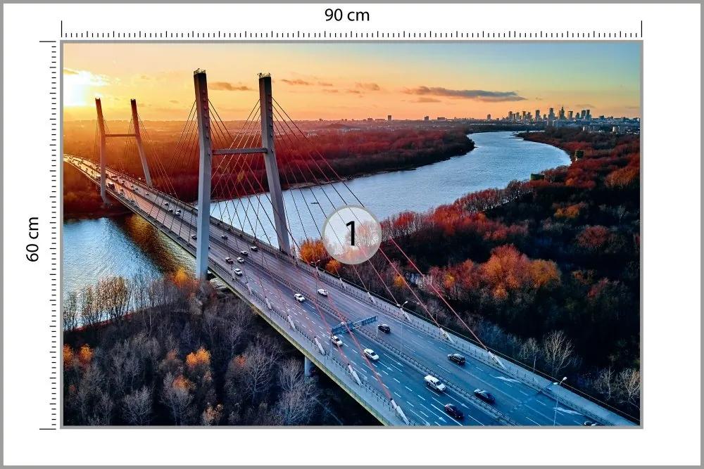 Fototapeta Beautiful Panoramic Aerial Drone View To Cable-Stayed Siekierkowski Bridge Over The Vistula River And Warsaw City Skyscrapers, Poland In Gold Red Autumn Colors In November Evening At Sunset Hladký vinyl 90x60