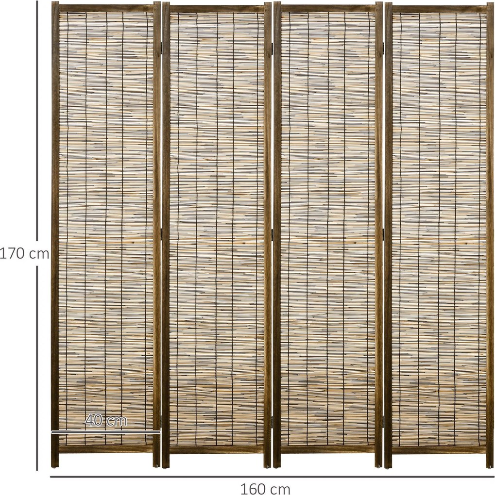 HOMCOM 4-panelový skládací paravan 160 cm x 1.8 cm x 170 cm Rustikální dřevěný a rákosový oddělovač místností pro kancelář, ložnici, obývací pokoj