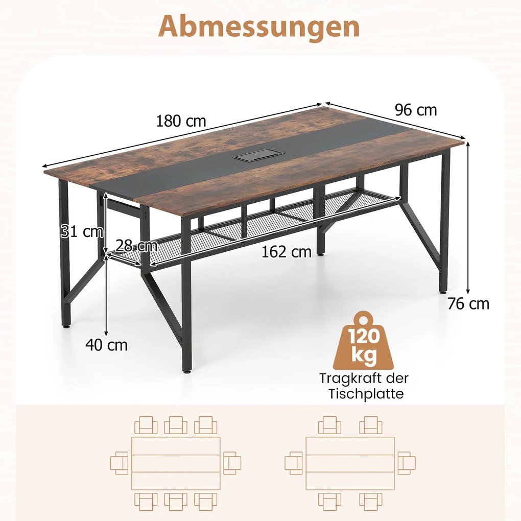 Costway 180 cm konferenční stolek obdélníkový s úložným prostorem ze síťoviny
