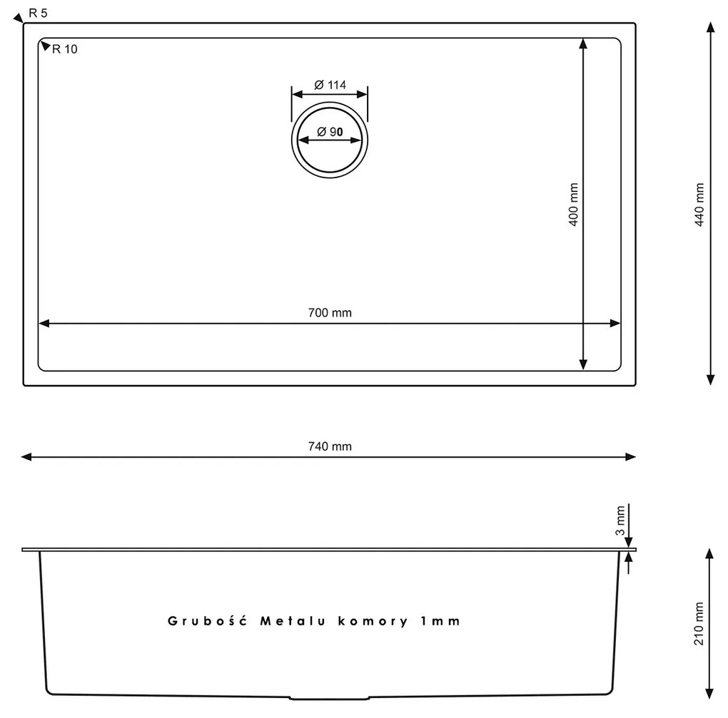 Velazo Dřez 1 komorový, nerez - , 74x44 cm, grafit