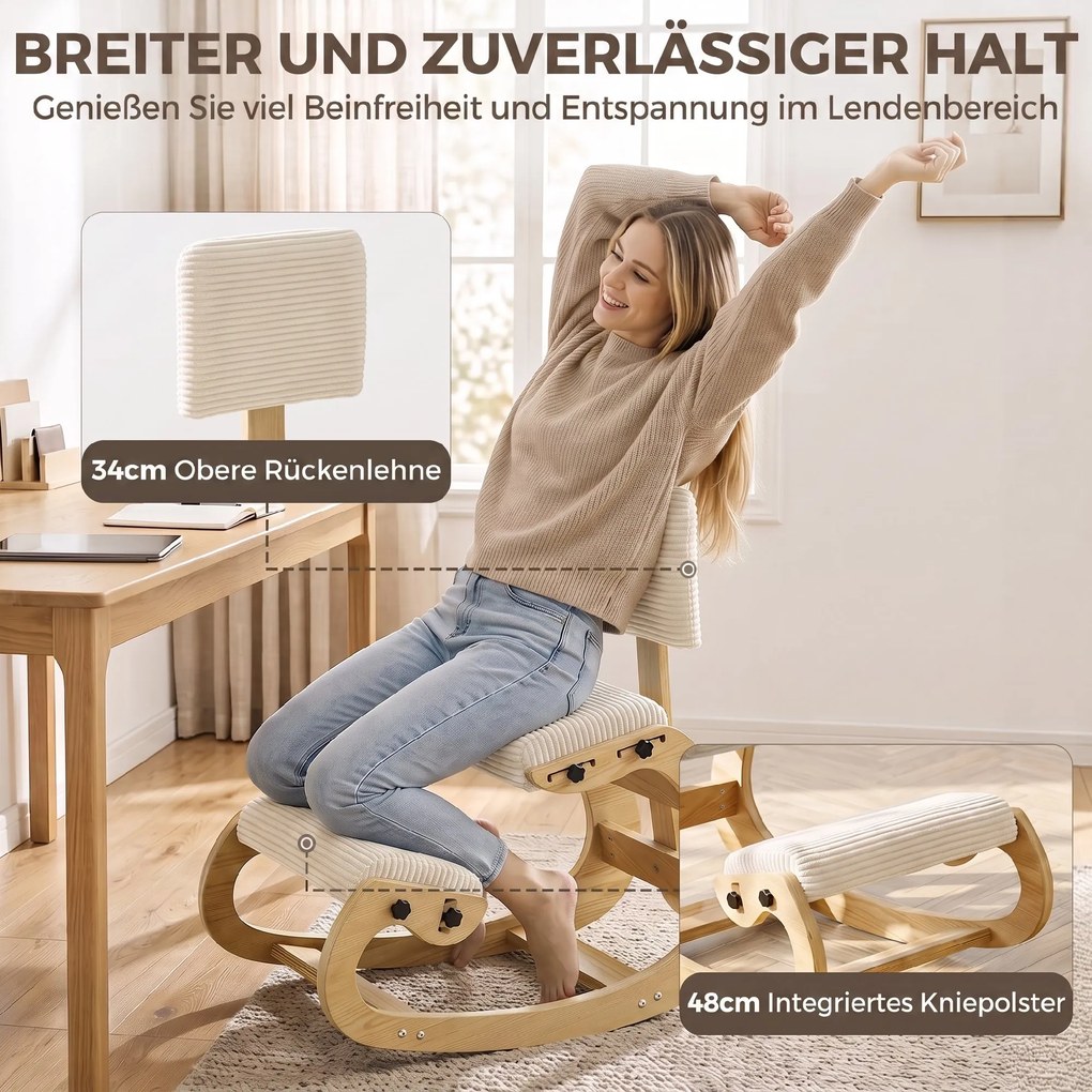 HOMCOM Ergonomická kolenní židle, kolenní stolička se záhlavím, vzhled manšestru, kancelářská židle do domácnosti, kanceláře, meditace, krémově bílá