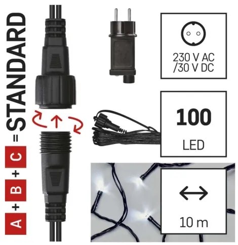 Propojovací vánoční řetěz se zdrojem EMOS Connecting D1AC01 ZY2278 startovní sada pro spojovací řetězy 10m studená bílá