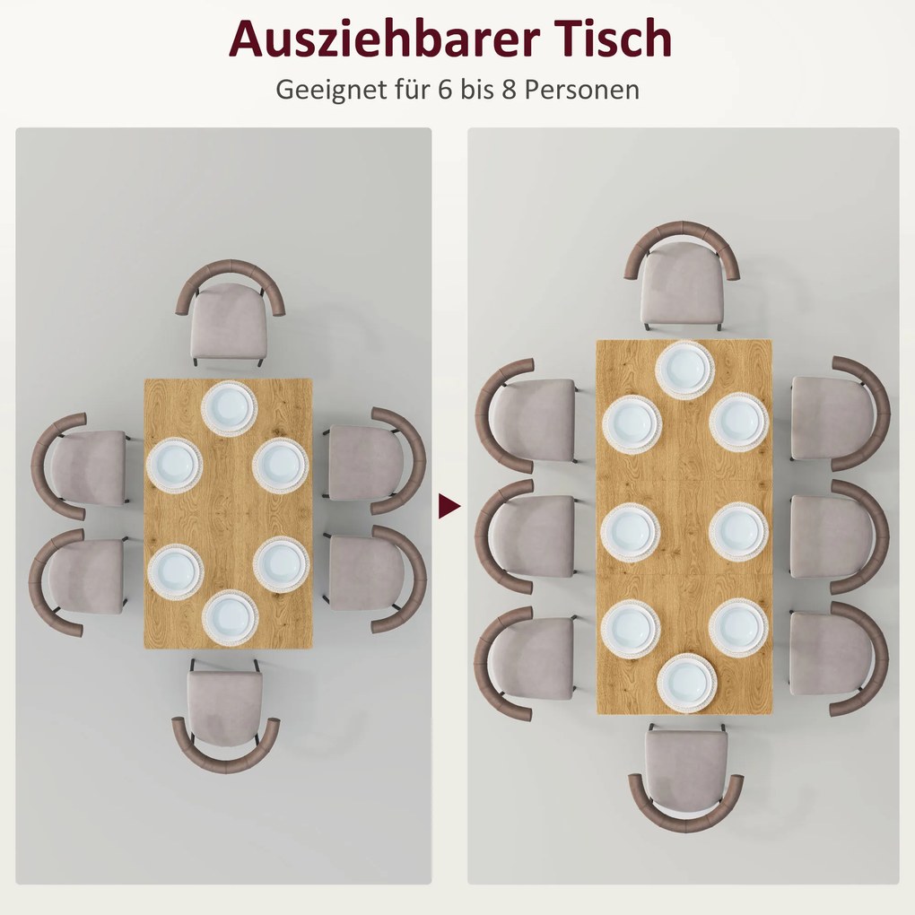 HOMCOM Rozkládací jídelní stůl 120/160 x 75 cm Kuchyňský stůl pro 6-8 osob, moderní jídelní stůl s ocelovými nohami, přírodní barva