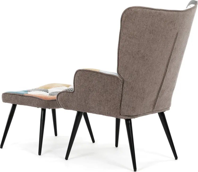 Relaxační křeslo ušák s taburetem ROYAL II — kov, voděodolná látka, patchwork