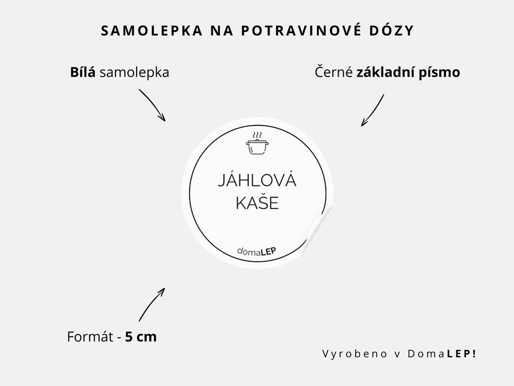 JÁHLOVÁ KAŠE - omyvatelná samolepka na dózu, výběr rozměrů Ø 5 cm / 5 x 5 cm / 6 x 8 cm | DomaLEP tvar: KOLEČKO, barva: BÍLÁ - ČERNÉ písmo, velikost: Ø 5 cm - tučné písmo
