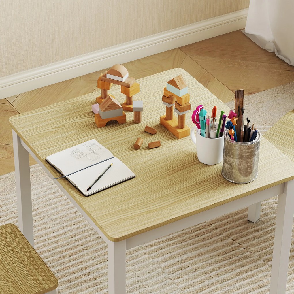 AIYAPLAY dětský stolek se židlemi, set stůl a 2 židle ze dřeva na kreslení, hraní a učení, 56x52x48 cm, přírodní dřevo