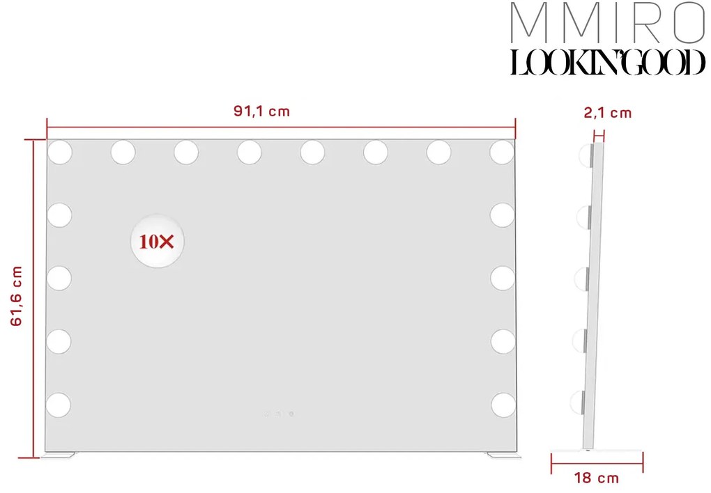 Hollywoodské make-up zrcadlo s osvětlením MMIRO SR637 90 x 60 cm | stříbrná SR637