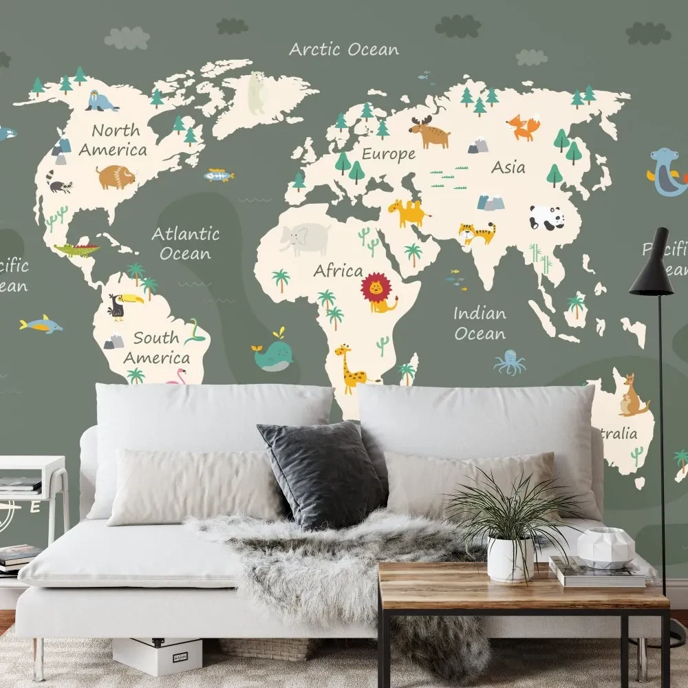 Fototapeta The World Map With Cartoon Animals For Kids, Nature ...