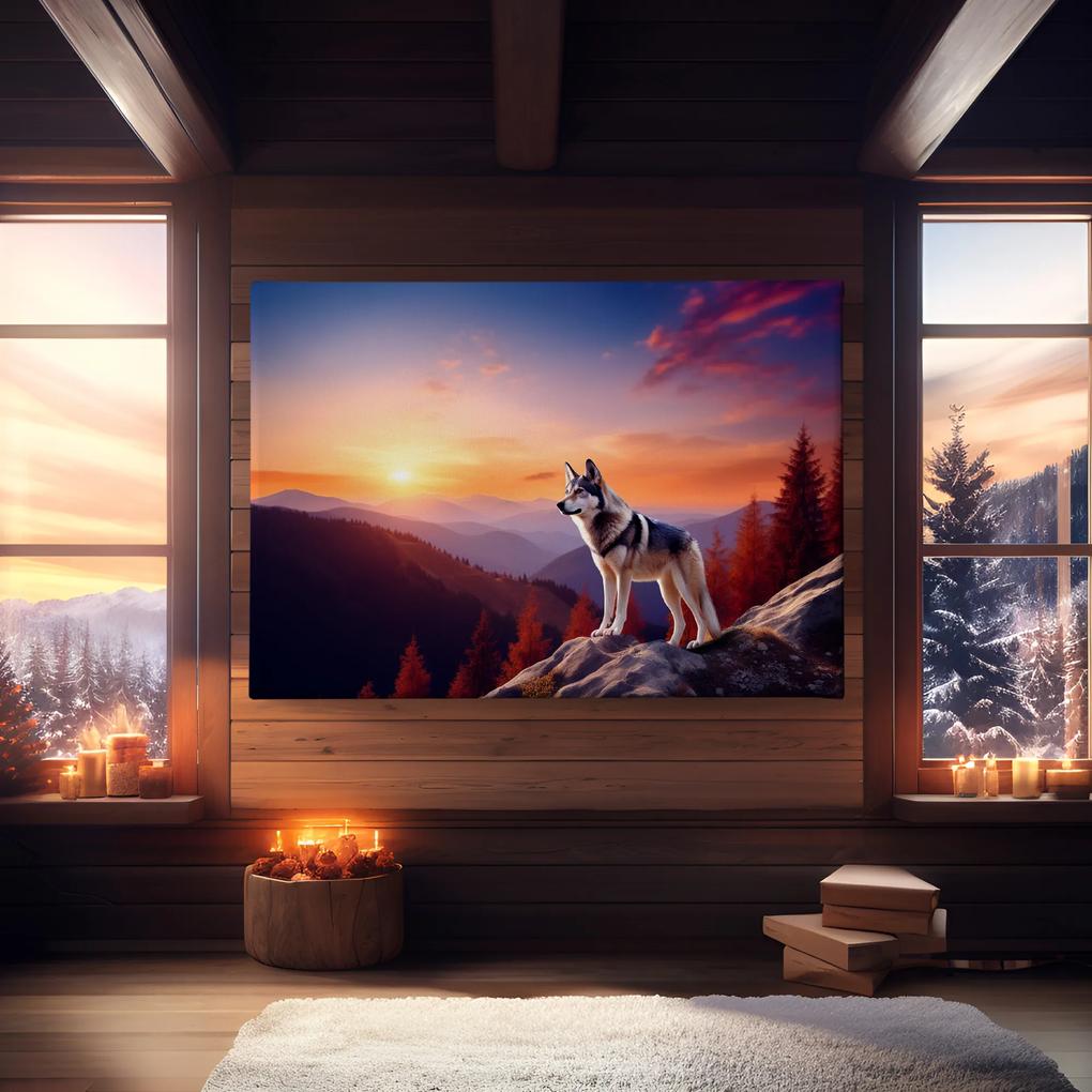 Obraz na plátně - Vlk na skále s magickým západem slunce FeelHappy.cz Velikost obrazu: 210 x 140 cm