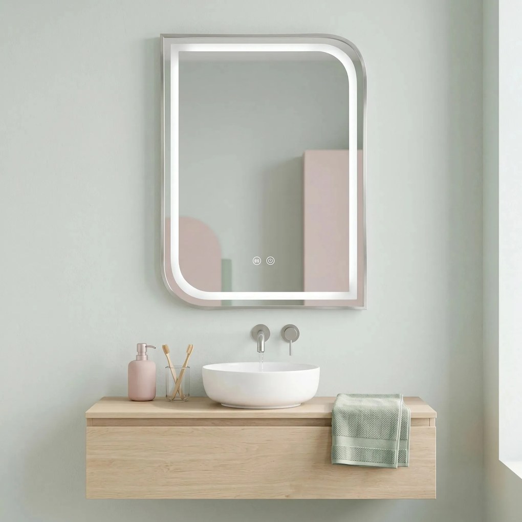 Rea Zrcadlo 80x60 cm s vyhříváním a regulovatelným LED osvětlením HOM-00301 kartáčovaný nikl