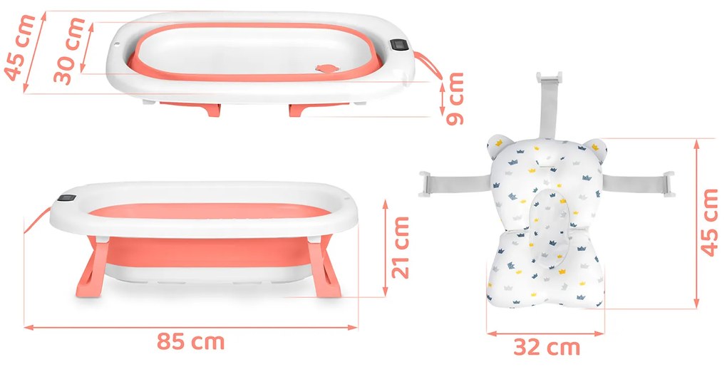 Skládací vanička pro kojence s teploměrem a vložkou Ricokids RK-287 v bílé a růžové barvě