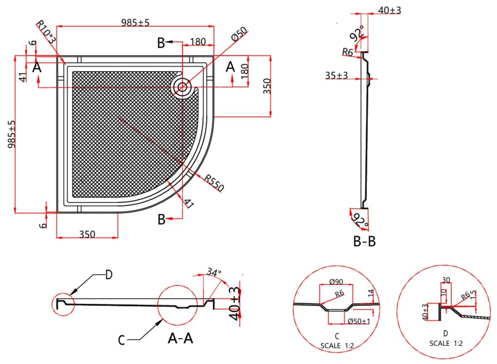 Erga Laos, čtvrtkruhová sprchová vanička 100x100x5cm, akrylát, bílá lesklá, ERG-V06-ACR-1010Q-WH-CR