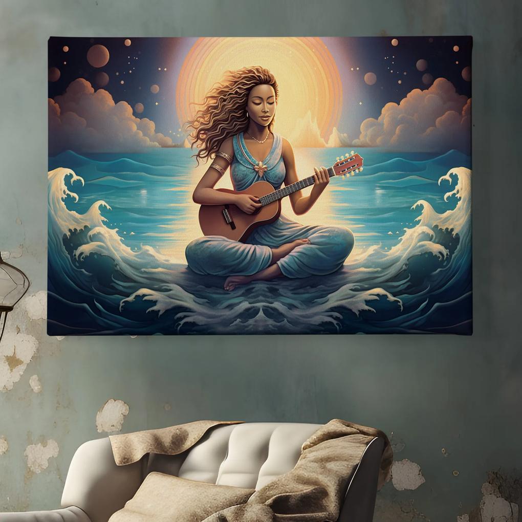 Obraz na plátně - HUDBA, žena hraje na kytaru ve vlnách FeelHappy.cz Velikost obrazu: 180 x 120 cm