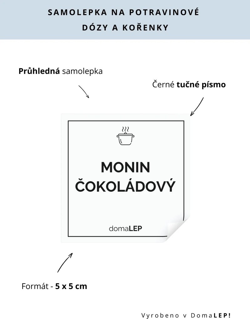 Samolepka na láhev MONIN ČOKOLÁDOVÝ 5 x 5 cm – průhledná vinylová, voděodolná, omyvatelná samolepka na dózy, tučné písmo