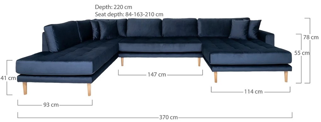 Designová sedačka Ansley U, tmavě modrý samet - pravá