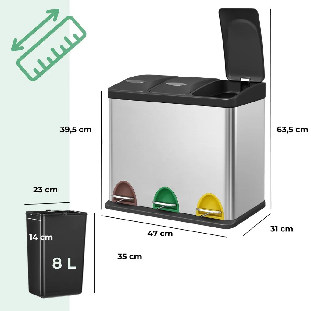 Koš na třídění odpadu SORT 24l (3x8l), stříbrná Jurhan