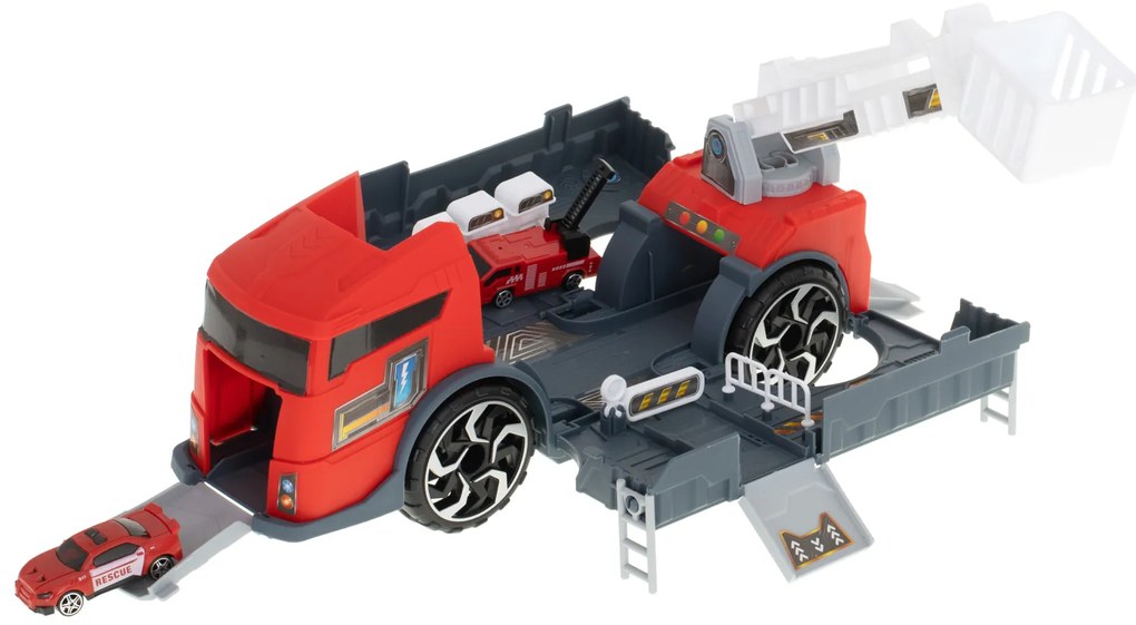 Creative Corner Transportér TIR 2v1 parkovací garáž hasiči + 3 auta červená