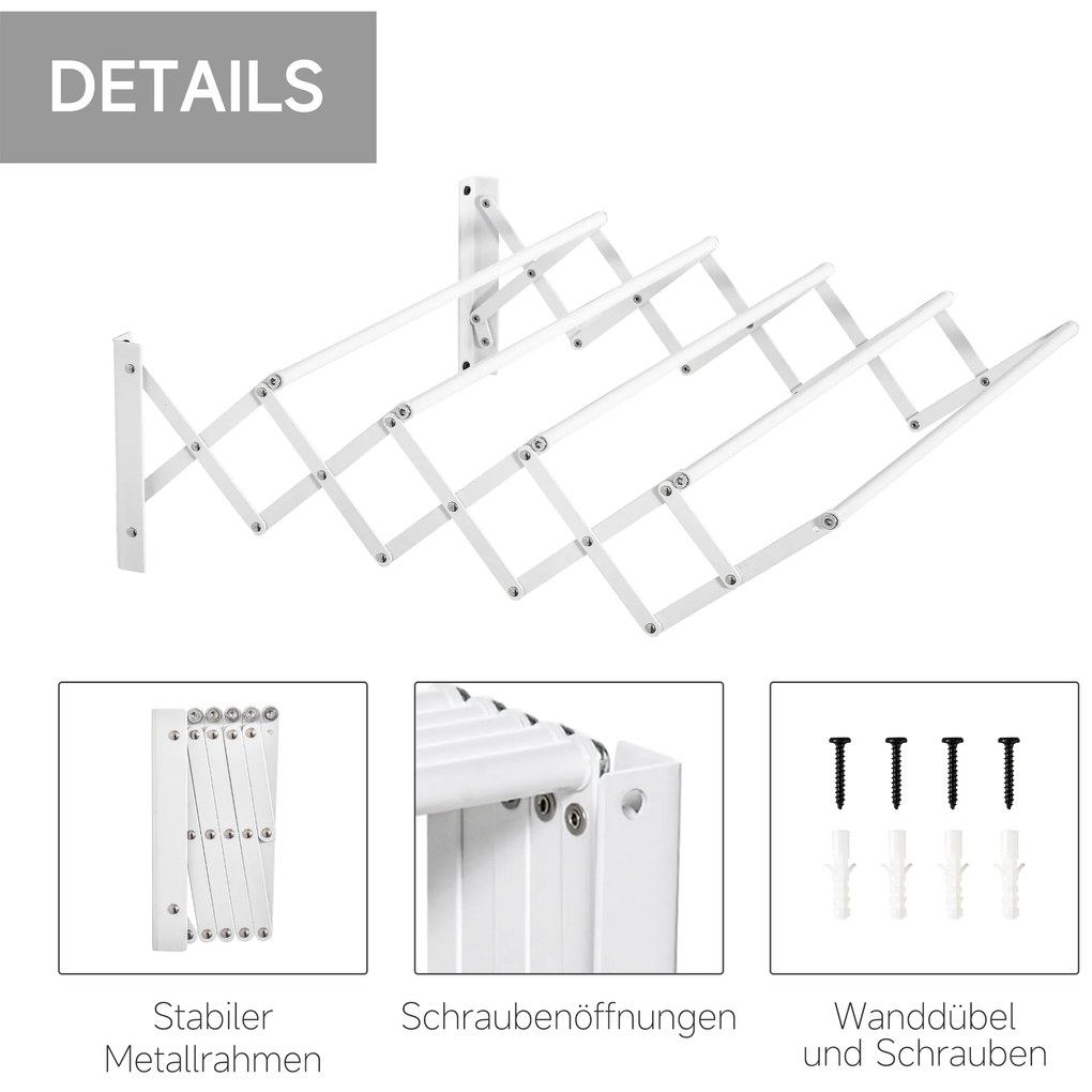 HOMCOM Nástěnný sušák na prádlo 57,5 cm prostorově úsporný kůň na prádlo pro interiér i exteriér Kov v bílé barvě 63,5 x 60 x 20 cm