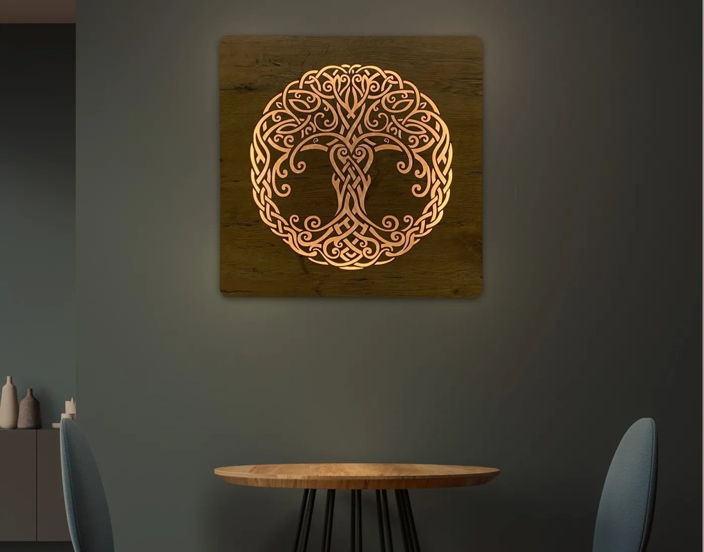 Li-Go "Keltský strom života" světelný obraz s baterií 62x62cm varianta ovládání: manuál/pohybové čidlo, provedení povrchu: jedle