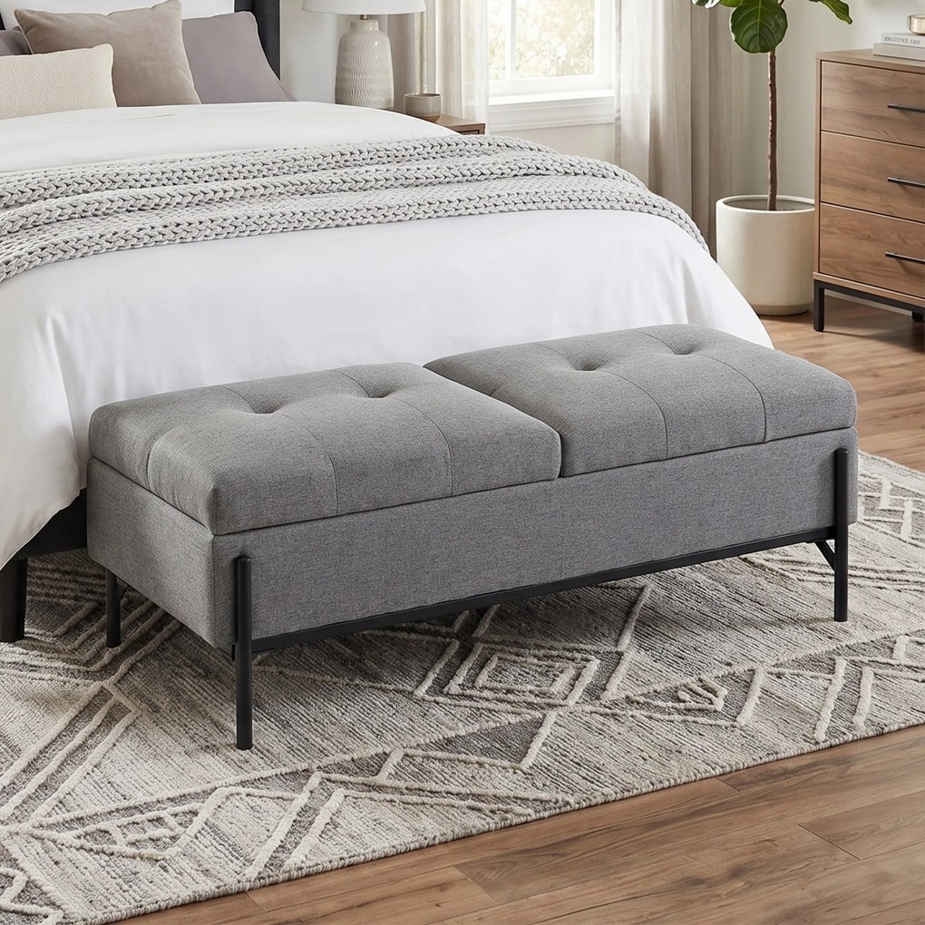HOMCOM úložná lavice, lněný taburet s 2 přihrádkami, víky na pantech a extra polstrováním, sedadlo s knoflíkovým prošitím — (117 x 50 x 44 cm), šedá