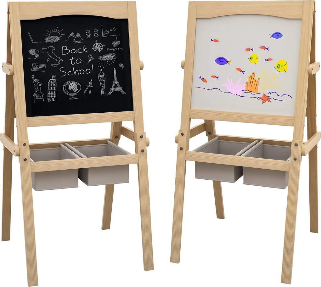 Dětský easel AIYAPLAY 3 v 1 s oboustrannou tabulí, dřevěný easel pro kreslení s papírovým válcem a 2 košíky 58x50,5x109 cm přírodní | Aosom