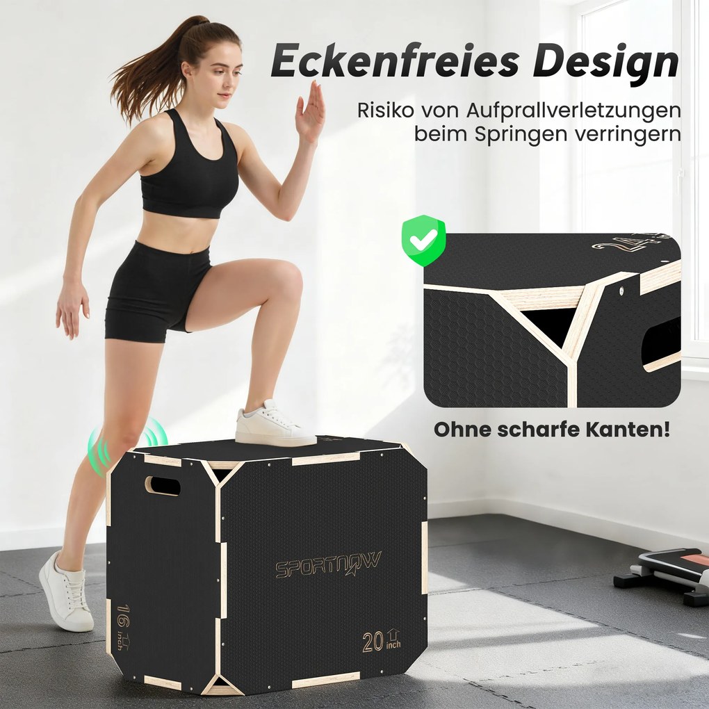 SPORTNOW 3-v-1 Plyo-box, skákací box s otvory pro uchopení, pro domácí fitness a venkovní cvičení, 3 výšky skoku, dřevo, Černá
